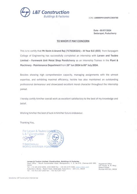 Kevin Anand Raj On Linkedin Internship Engineering Ltconstruction Careergrowth
