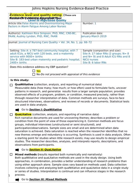 Johns Hopkins Nursing Evidence Based Practice Appendix E Research Evidence Appraisal Tool 1