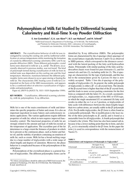 Pdf Polymorphism Of Milk Fat Studied By Differential Scanning
