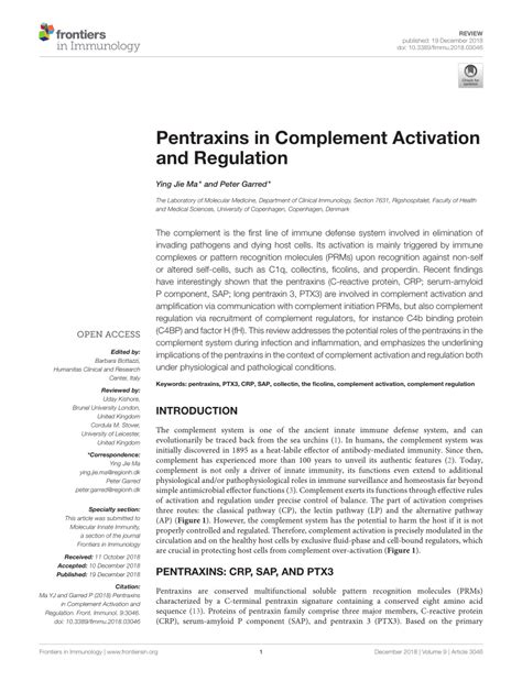 Pdf Pentraxins In Complement Activation And Regulation