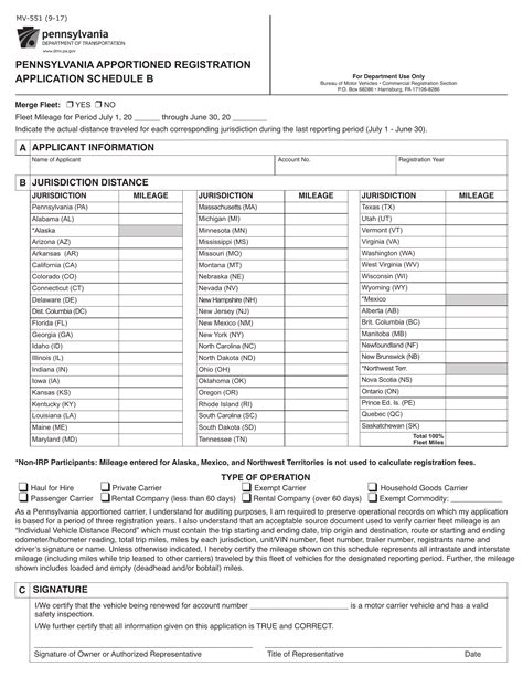 Pa Dmv Form Mv 551 Pennsylvania Apportioned Registration Application Schedule B Forms