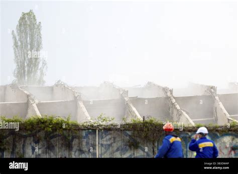 Old Building Demolition By Controlled Implosion Using Explosives Workers Inspecting The