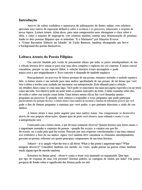 Leitura Atenta Da Poesia Filipina Relatório Escrito Pdf Deus