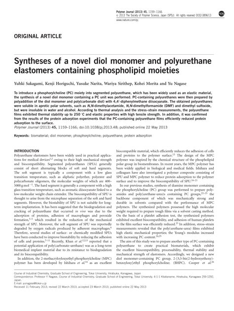 Pdf Syntheses Of A Novel Diol Monomer And Polyurethane Elastomers Containing Phospholipid Moieties