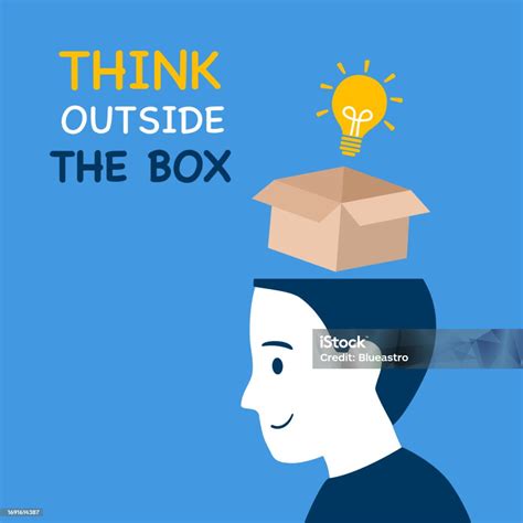 고정관념에서 벗어나 생각하십시오 평평한 디자인의 인간 머리 위의 전구와 상자 아이디어 브레인스토밍 창의성 꿈꾸기 새로운 아이디어 브레인스토밍 솔루션 창의성 틀에 박히지 않은