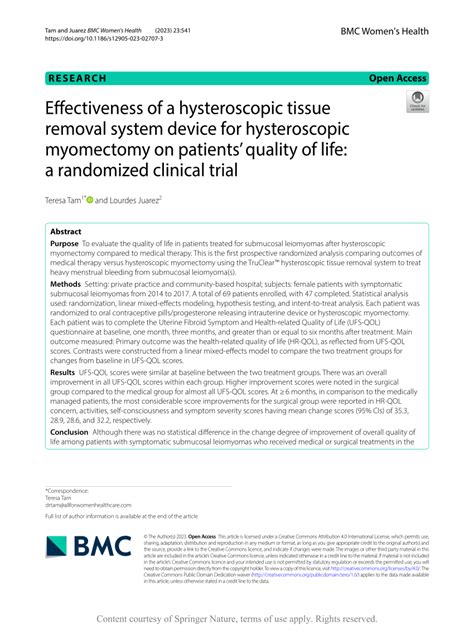 Pdf Effectiveness Of A Hysteroscopic Tissue Removal System Device For Hysteroscopic Myomectomy