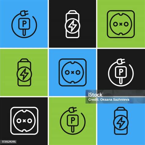 세트 라인 충전 주차 전기 자동차 전기 콘센트 및 배터리 충전 아이콘 벡터 0명에 대한 스톡 벡터 아트 및 기타 이미지 0명
