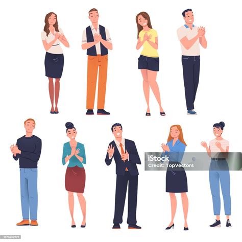 박수와 박수 제스처 벡터 일러스트레이션 세트로 서 서 박수를 치는 사람들 여자에 대한 스톡 벡터 아트 및 기타 이미지 여자