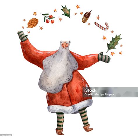 귀여운 동화 산타 클로스 수채화 새해 일러스트 큰 수염 매직 아이템 손으로 그린 만화 일러스트레이션 과자 별 도토리 홀리와 겨우살이 식물 휴일 인사말 카드 12월에 대한