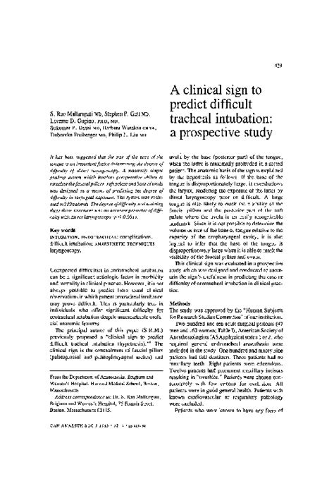 Pdf A Clinical Sign To Predict Difficult Tracheal Intubation A