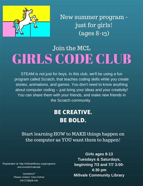 Flyer For Girls Code Club At Millvale Community Library Teaching