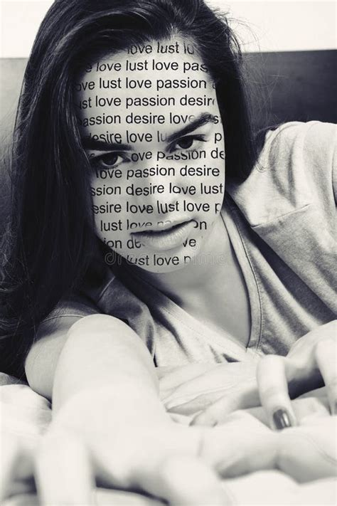 Girl On Bed With Text On Her Face Seducing And Calling Man Stock Image