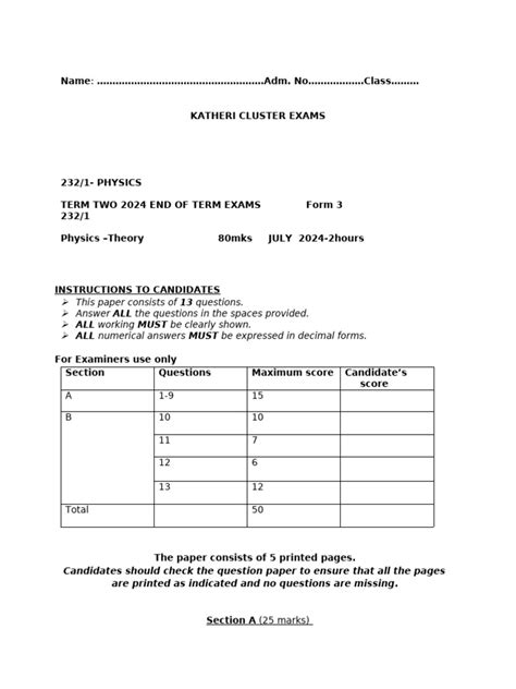 Phy Pp1 Form 3 Marking Scheme Pdf Force Gases