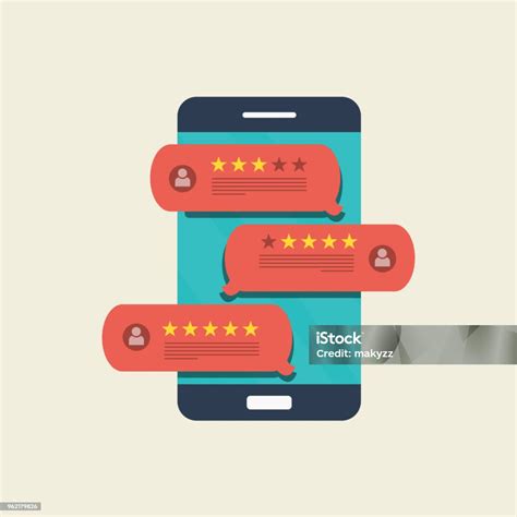 피드백 평가 메시지 및 알림을의 개념입니다 검토 등급으로 휴대 전화에 음성 거품 평면 스타일 스마트폰 리뷰 좋은 속도 텍스트와 별 평면 벡터입니다 별 모양에 대한 스톡 벡터