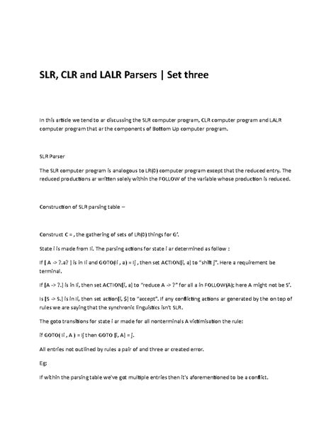 Slr Clr And Lalr Parsers Slr Parser The Slr Computer Program Is Analogous To Lr 0 Computer