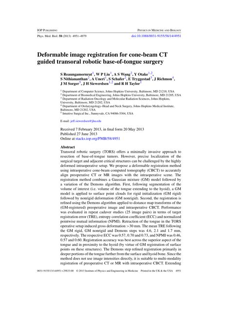 Pdf Deformable Image Registration For Cone Beam Ct Guided Transoral Robotic Base Of Tongue Surgery