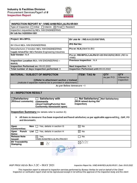 Inspection Report Release Note And Supporting Nabl Lab Tc For Hpcl Lalru Punjab Project For Ball