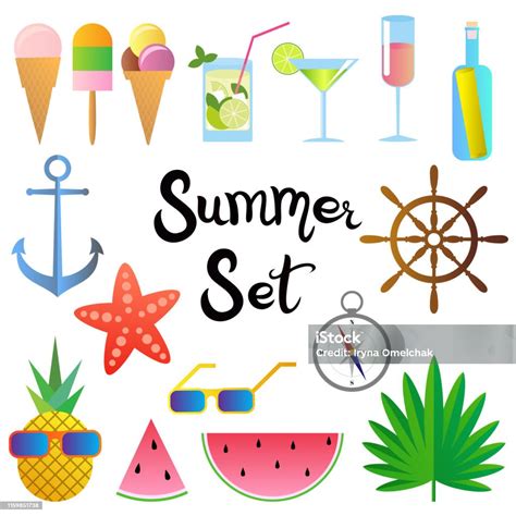 여름 세트 흰색 배경에서 격리된 모든 개체입니다 수박 칵테일 파인애플 불가사리 안경 아이스크림 야자수 잎 앵커 나침반 스티어링 휠 내부 카드가있는 병 0명에 대한 스톡 벡터