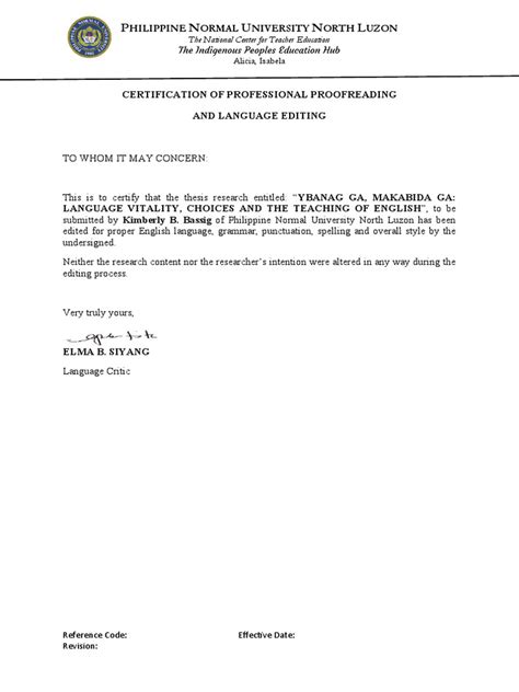 Certificate Of Proofreading And Language Kim Bassig Pdf
