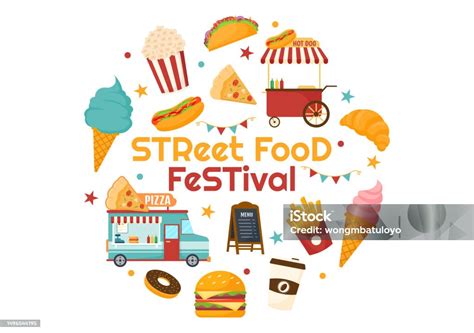 길거리 음식 축제 이벤트 벡터 일러스트레이션 여름에 사람과 푸드 트럭이 있는 플랫 만화 손으로 그린 템플릿의 야외 도시 공원 거리에 대한 스톡 벡터 아트 및 기타 이미지