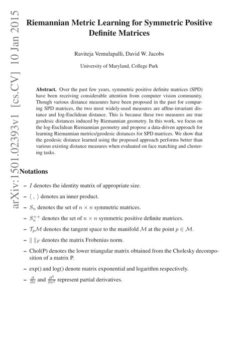 Pdf Riemannian Metric Learning For Symmetric Positive Definite Matrices