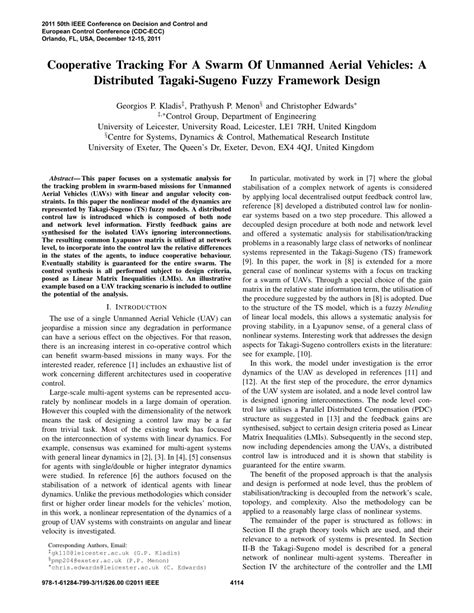 Pdf Cooperative Tracking For A Swarm Of Unmanned Aerial Vehicles A Distributed Tagaki Sugeno