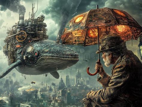Stylish Huge Whale In The Sky In The Theme And Style Of Cyberpunk And