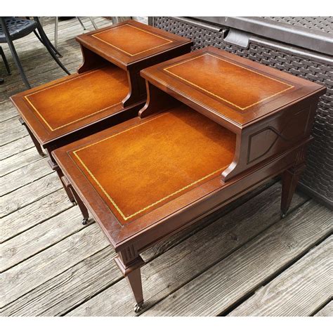 Mersman Two Tier Mahogany Tables With Leather Top Inserts Circa 1960s