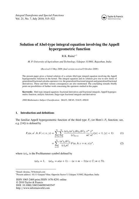 Pdf Solution Of Abel Type Integral Equation Involving The Appell Hypergeometric Function