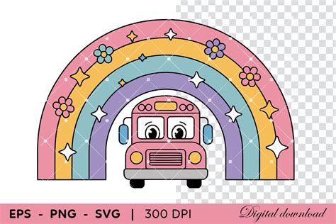 Cute School Bus Under Colorful Rainbow Graphic By Winddiii · Creative