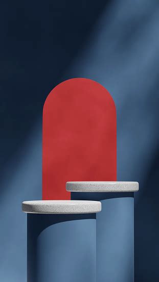 초상화 빨간 아치와 파란 벽에 있는 백색 화강암 실린더 연단 3d 렌더링 이미지 모형 템플릿 0명에 대한 스톡 사진 및 기타 이미지 Istock
