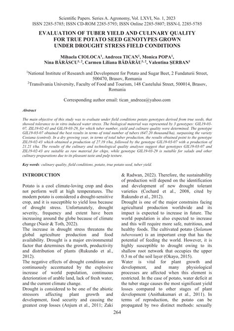 Pdf Evaluation Of Tuber Yield And Culinary Quality For True Potato
