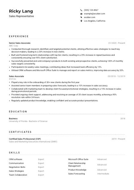 Sales Representative Resume Example
