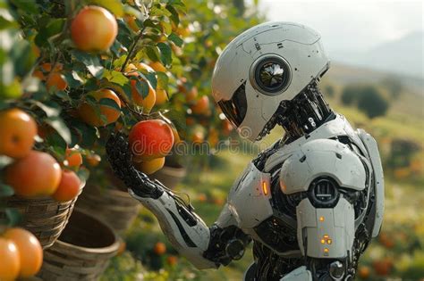 Futuristic Robot Harvesting Apples In Orchard Stock Illustration Illustration Of Farming