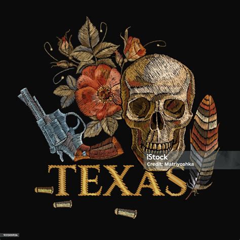 자 수 와일드 웨스트 리볼버 두개골과 장미 텍사스 슬로건입니다 클래식 갱스 터 자 수입니다 옷의 디자인 서식 파일 멕시코에 대한 스톡 벡터 아트 및 기타 이미지 Istock