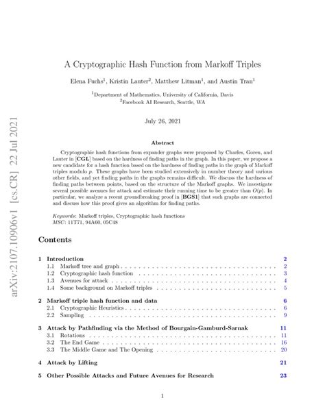 A Cryptographic Hash Function From Markoff Triples Deepai