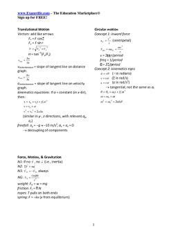 Physics Quick Review Of Concepts And Formulas Handout And Study Aid Classroom Instruction