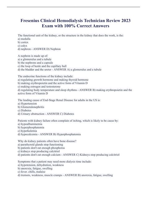 Fresenius Clinical Hemodialysis Technician Review 2023 Exam With 100