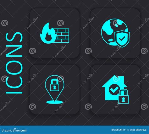 Set House Under Protection Firewall Security Wall Shield With World Globe And Lock Icon