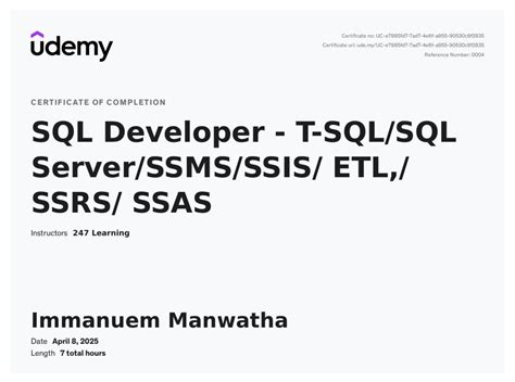 My Course Completion Certificate For Sql Developer T Sqlsql Serverssmsssis Etlssrs