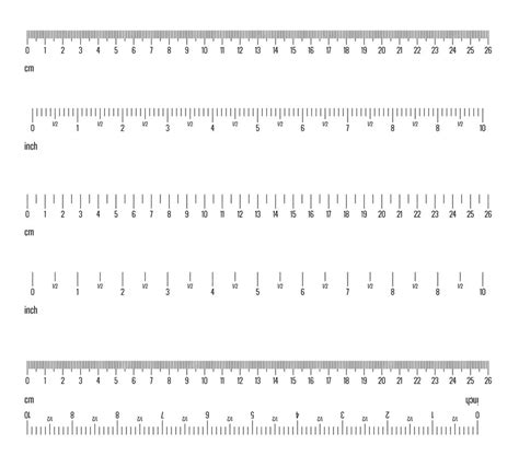 인치 및 미터법 눈금자 센티미터 및 인치 측정 스케일 Cm 메트릭 표시기 눈금자 10인치 및 격자 26cm 크기 표시 단위 미터법 센티미터 크기 표시기 프리미엄 벡터