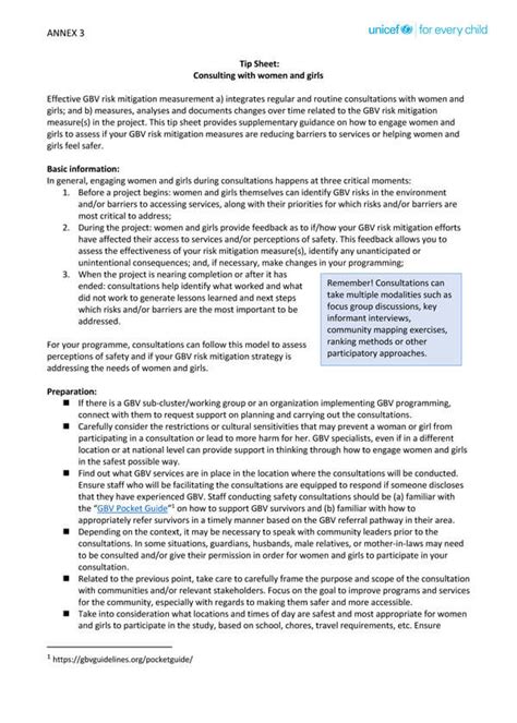 Tip Sheet Consulting With Women And Girls Guidelines For Integrating Gender Based Violence