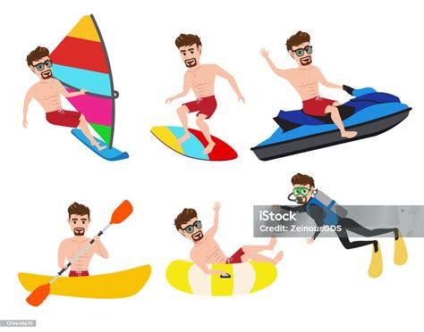 여름 활동 남자 문자 벡터 세트입니다 서핑 제트 스키 카약 보트 타기 스쿠버 다이빙 및 카누 고립과 같은 여름 수상 스포츠 활동에서 남성 캐릭터 계절에 대한 스톡 벡터 아트