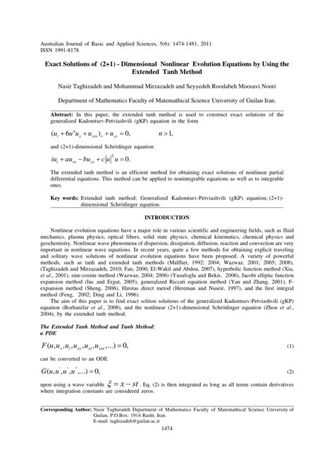 Pdf Exact Solutions Of 21 Dimensional Nonlinear Evolution Equations By Using The Extended