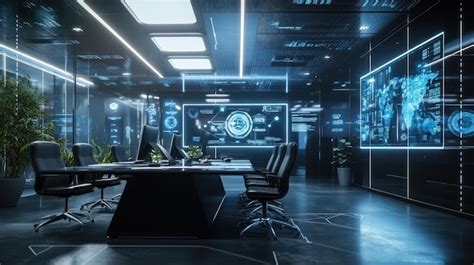 Futuristic Office Interior With Global Data Display Premium Ai