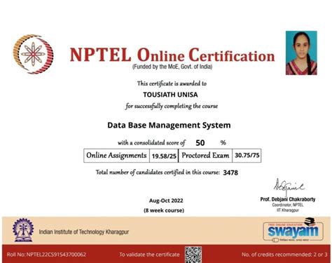 Excited To Share That Ive Earned My Nptel Certificate In Database Management System Amena