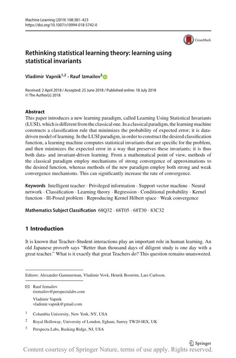 Rethinking Statistical Learning Theory Learning Using Statistical Invariants