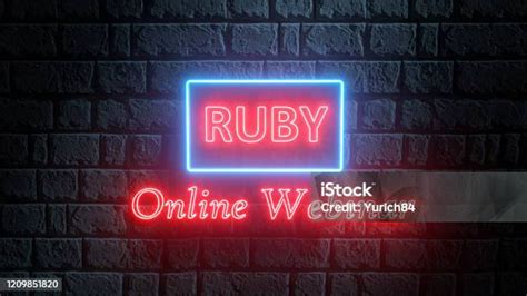 루비 온라인 웨비나 에서 빛나는 네온 간판의 3d 일러스트 코딩 개념입니다 루비 프로그래밍 언어 온라인 학습의 개념 네온에 대한