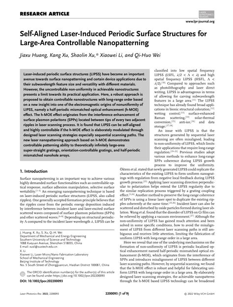 Pdf Self‐aligned Laser‐induced Periodic Surface Structures For Large‐area Controllable