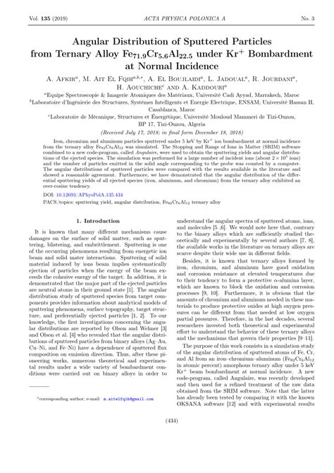 Pdf Angular Distribution Of Sputtered Particles From Ternary Alloy Fe 71 9 Cr 5 6 Al 22 5